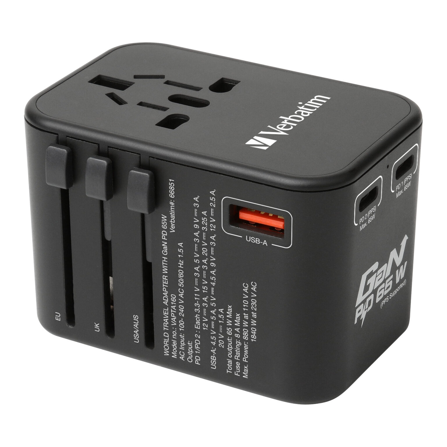 3 Port 65W PD 3.0 & QC 3.0 GaN Universal Travel Adaptor - Verbatim Hong ...