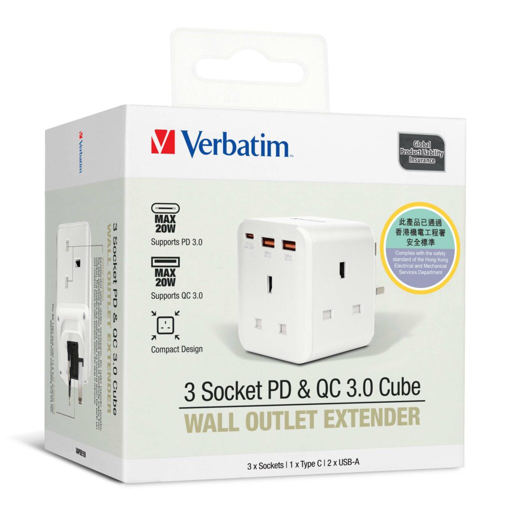 3 Socket PD & QC 3.0 Cube Wall Outlet Extender - Verbatim Hong Kong