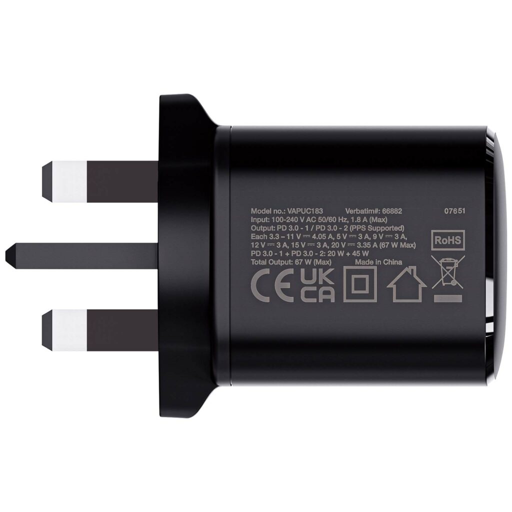 2 Port 67W PD 3.0 GaN Charger - Verbatim Hong Kong