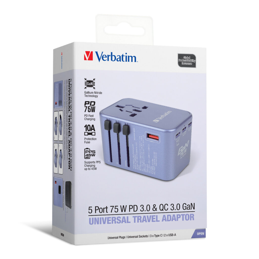 5 Port 75W PD 3.0 & QC 3.0 GaN Universal Travel Adaptor - Verbatim Hong ...
