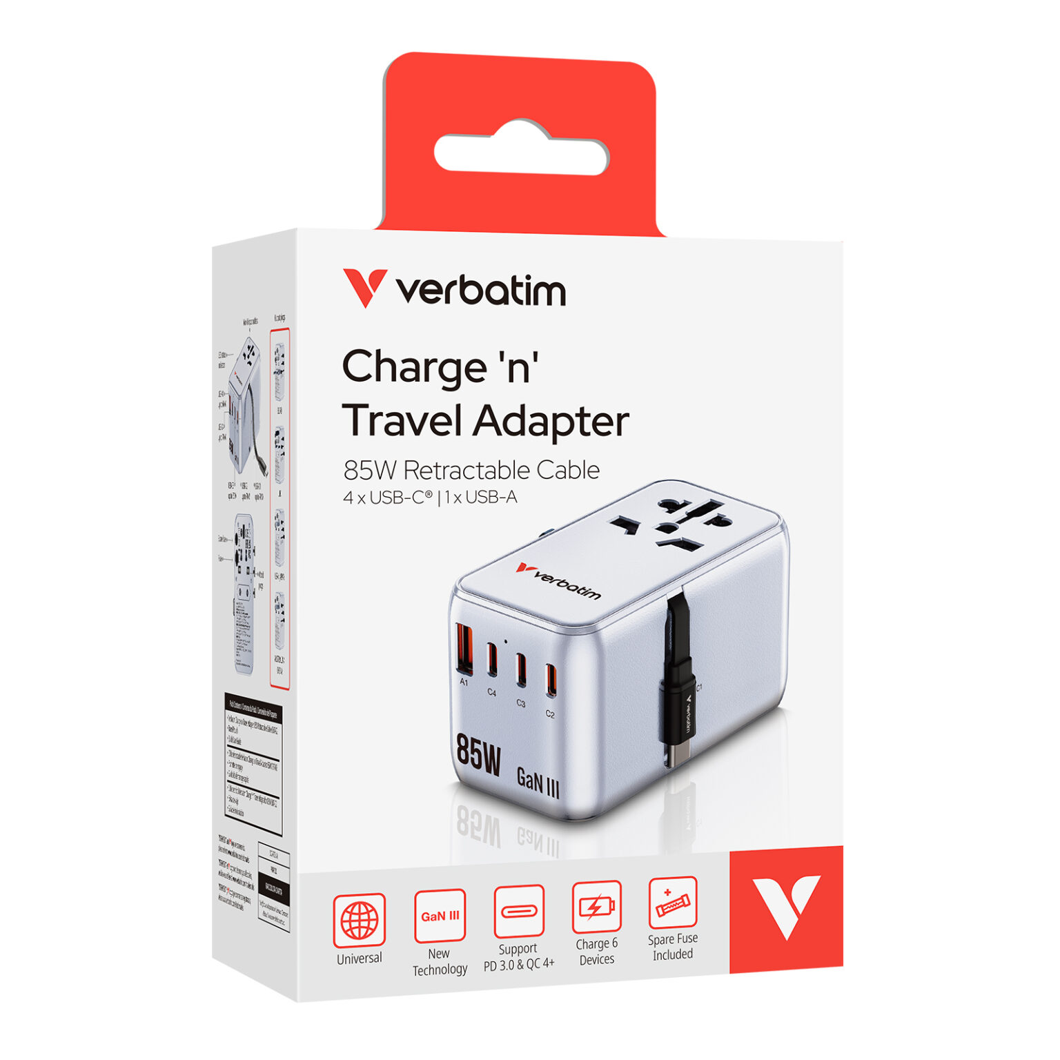 Charge 'n' Travel Adapter 85W Retractable Cable (CNT-02) - Verbatim ...